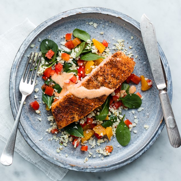 Sumac Salmon with Cauliflower Tabbouleh and Harissa Dressing - My Food Bag