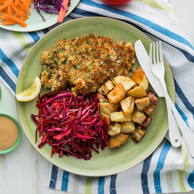 Crumbed Beef Schnitzel with Roasties, Smoky Mayo & Rainbow Slaw - My ...