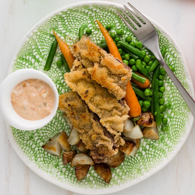 Crumbed Beef Schnitzel with Honey Glazed Baby Carrots and Roasties - My ...