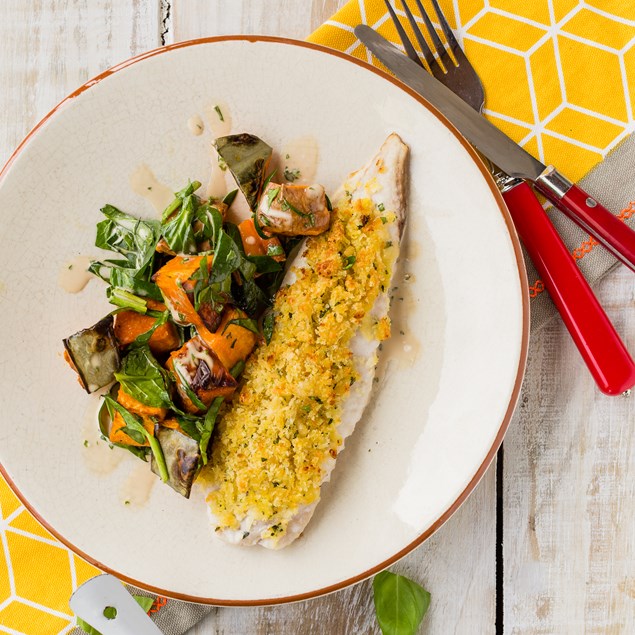 Orange-Crusted Fish with Roast Vegetable Salad and Orange-Basil ...