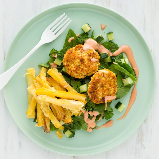 Chicken Rissoles with Cheesy Fries and Salad - My Food Bag