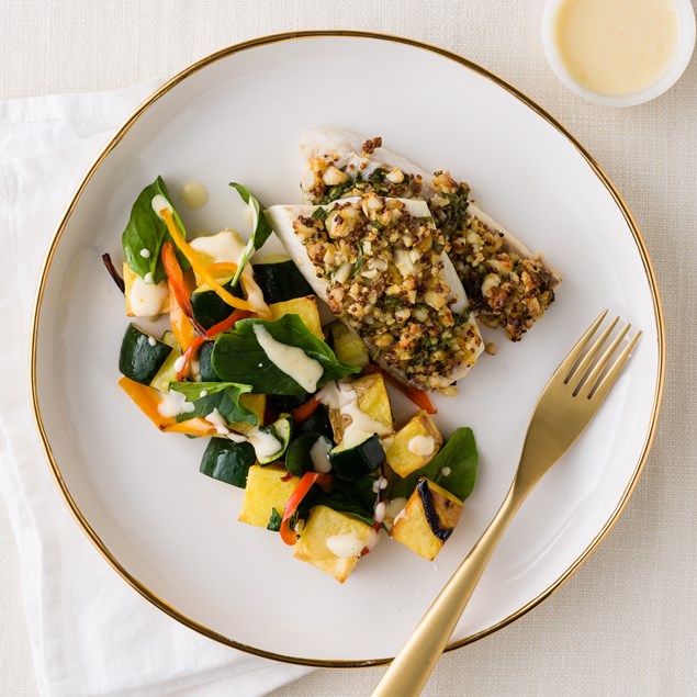 Orange Crusted Fish with Roast Vegetable Salad and Orange Basil ...