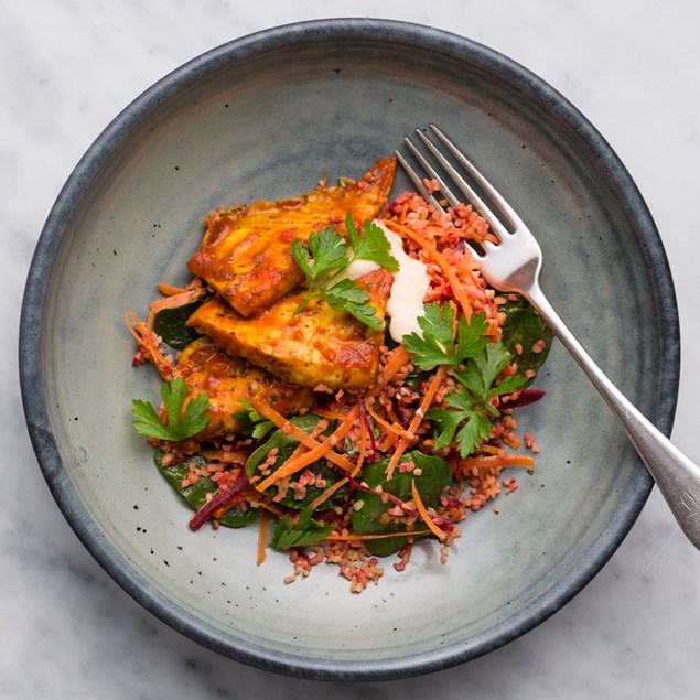 Moroccan Fish with Bulgur Salad and Harissa Drizzle - My Food Bag