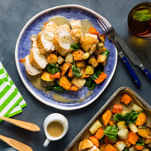 Crispy Skin Chicken with Stuffing & Roasted Veggies - My Food Bag