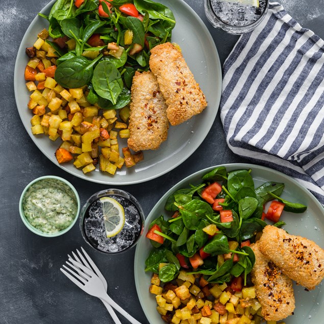 Crispy Pre-Crumbed Orange Baked Fish with Roasties & Herb Aioli - My ...