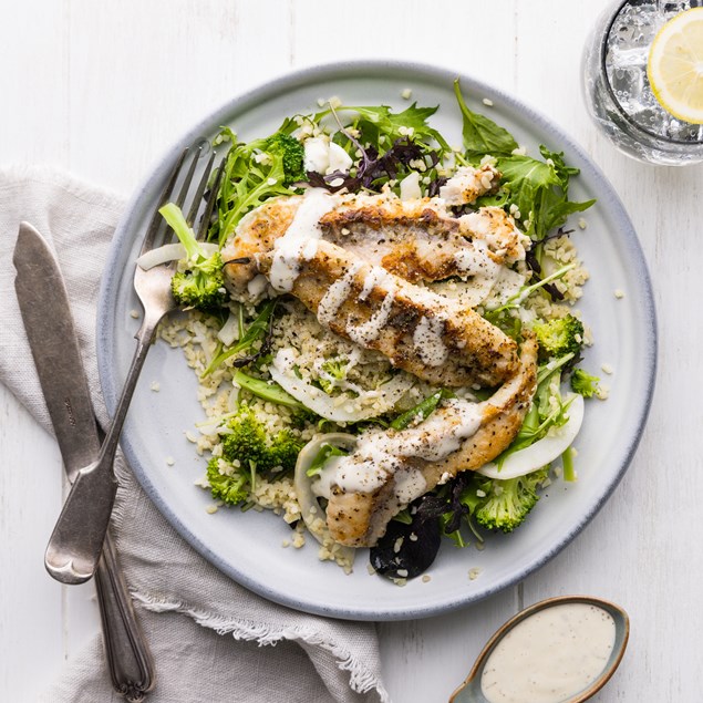 Golden Pan-Fried Fish with Garlic Butter & Warm Bulgur Salad - My Food Bag