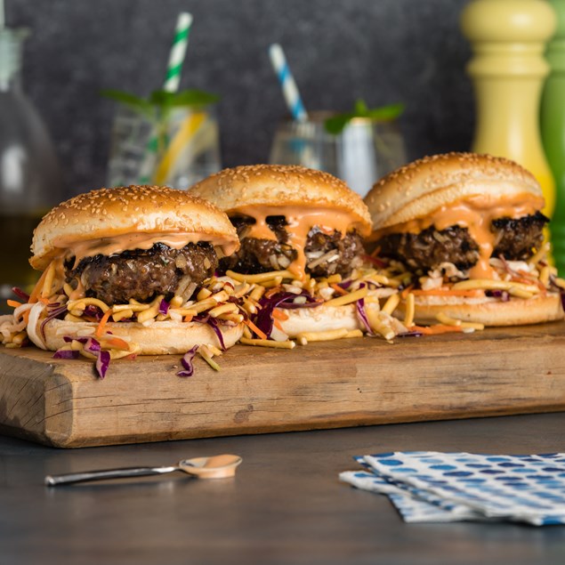 Japanese Style Beef Burgers with Asian BBQ Mayo & Crispy Noodle Slaw ...