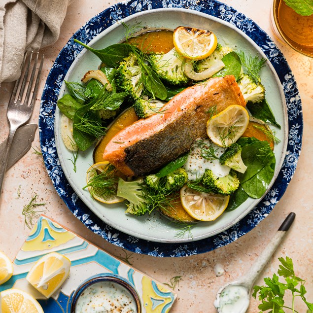 Pan-Fried Salmon Fillet with Roasted Pumpkin, Fennel & Parsley Yoghurt ...