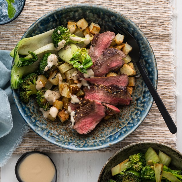 Japanese Beef Sirloin Steaks with Nori Salted Potatoes & Sesame Drizzle ...