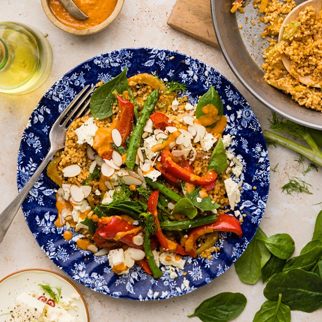 Spring Bulgur Veggie Paella with Grilled Asparagus, Feta & Romesco - My ...