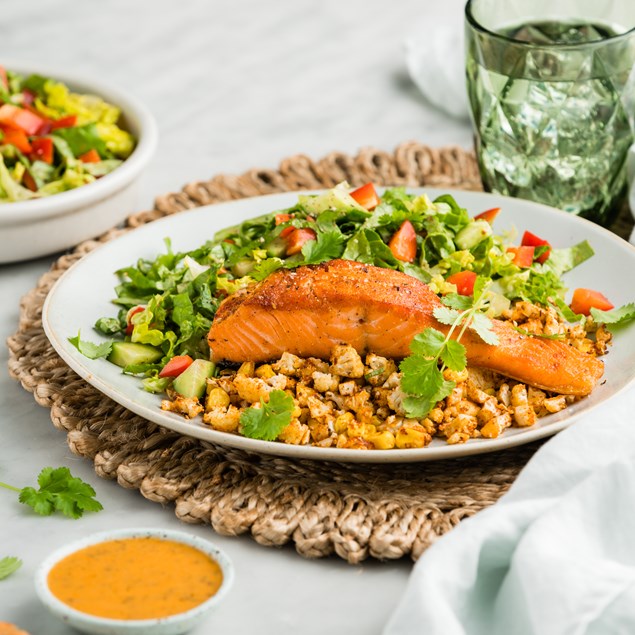 Mexican Style Pan-Seared Salmon with Cauliflower Rice & Salad - My Food Bag