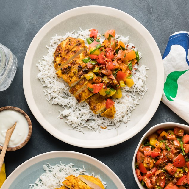 BBQ Curried Chicken Steaks with Coconut Rice & Mango Salsa - My Food Bag