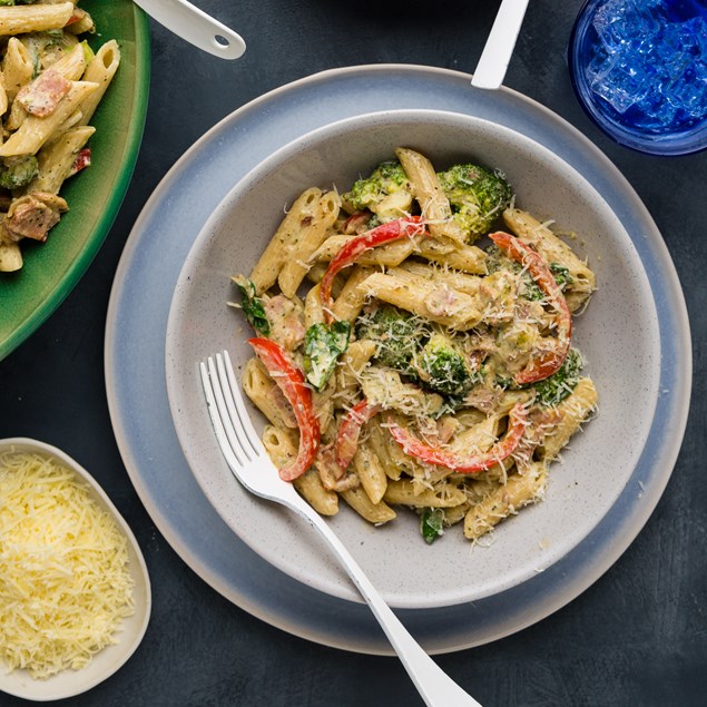 Creamy Broccoli & Bacon Pasta with Basil Drizzle & Parmesan - My Food Bag