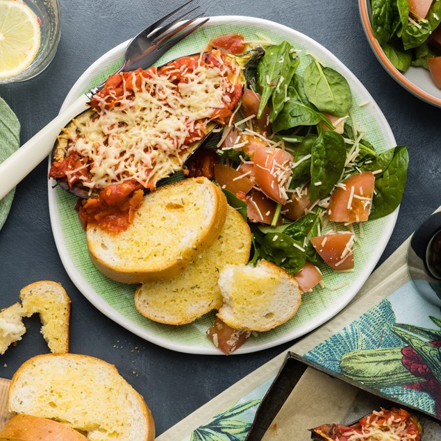 Cheesy Eggplant Parma with Garlic Bread & Salad - My Food Bag