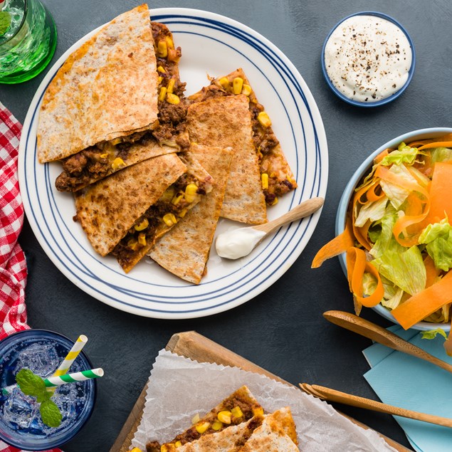 Cheesy Mexi Beef Quesadillas with Bean Smash & Sour Cream - My Food Bag