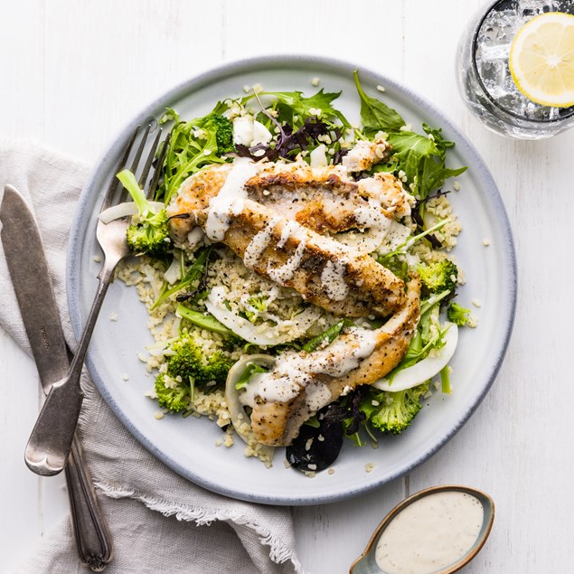 Golden Pan-Fried Fish with Garlic Butter & Warm Bulgur Salad - My Food Bag