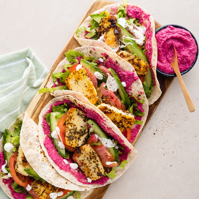 20-Minute Greek Haloumi Tacos with Pink Hummus & Crunchy Salad - My ...