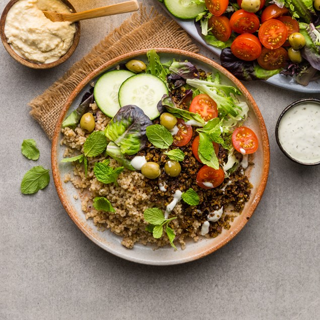 Crispy Falafel Mezze Plates with Hummus, Spiced Bulgur Pilaf & Olives ...