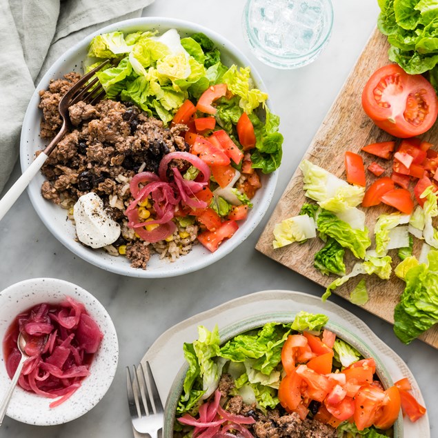 15-Minute Mexi Beef & Pork Black Bean Bowls with Pickled Onions & Sour ...