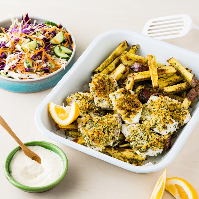 Lemony Crumbed Fish 'n' Kūmara Chips with Creamy Caper Aioli - My Food Bag