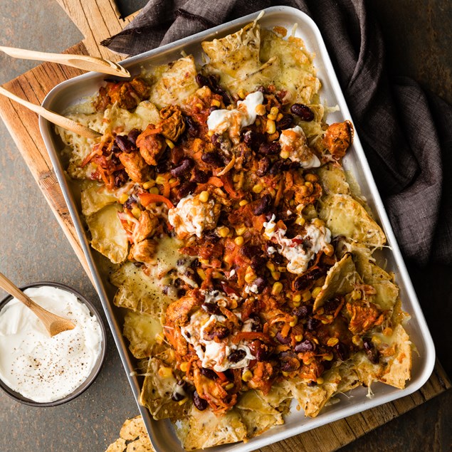 Cheesy Chicken Chilli Nacho Stack with Sour Cream - My Food Bag