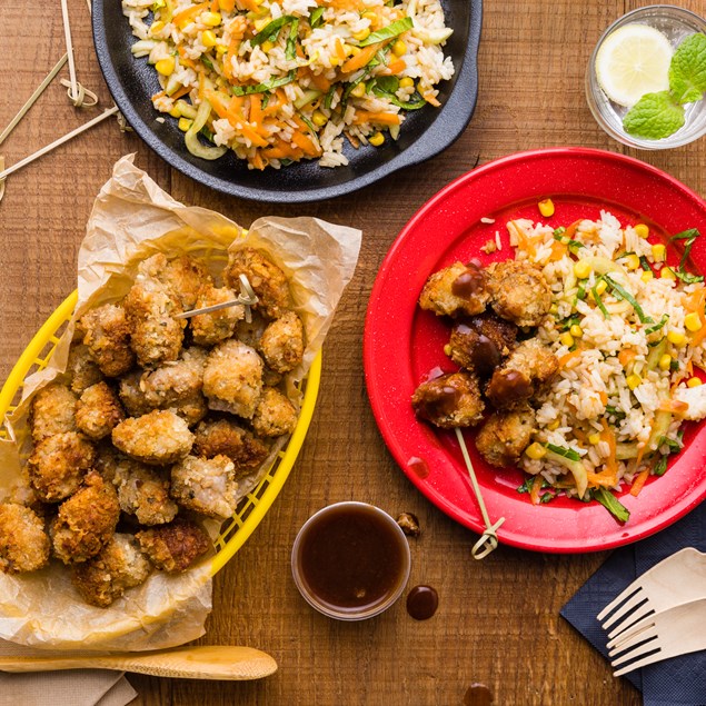 Crispy Popcorn Pork Bites with Rice Salad & Katsu Sauce - My Food Bag