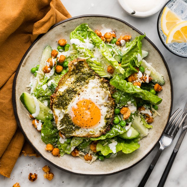 Pesto Fried Egg Caesar Salad with Smoky Parmesan Chickpeas - My Food Bag