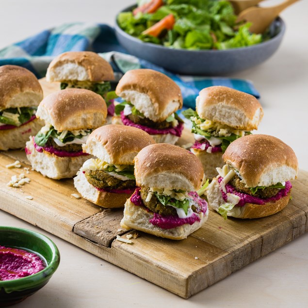 20-Minute Cheesy Falafel Sliders with Beetroot Hummus - My Food Bag