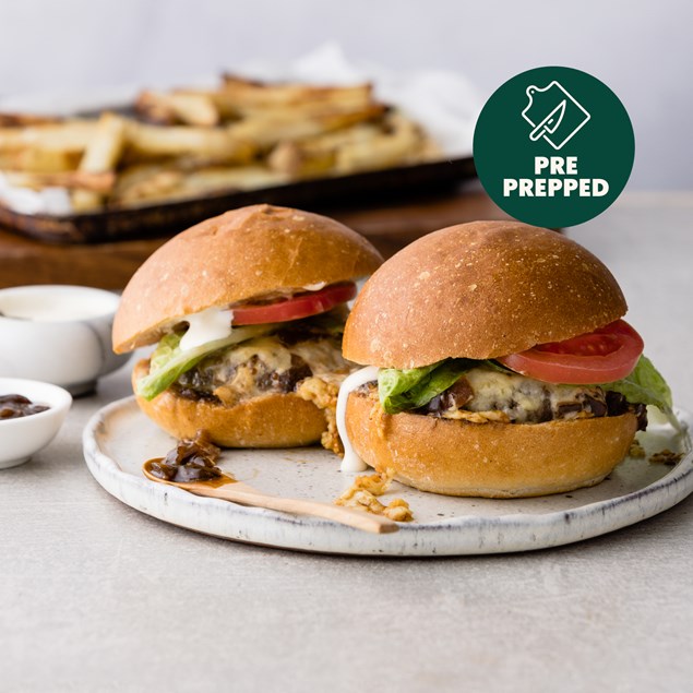 Pre-Prepped Wagyu Beef & Cheddar Burgers with Porcini Thyme Spud Fries ...