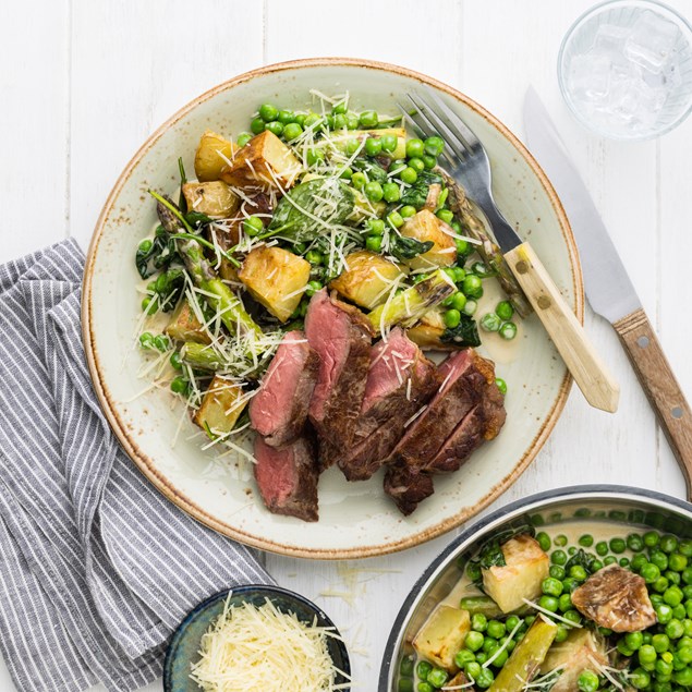 15-Minute Beef Sirloin Steaks with Creamy Spring Veggies - My Food Bag