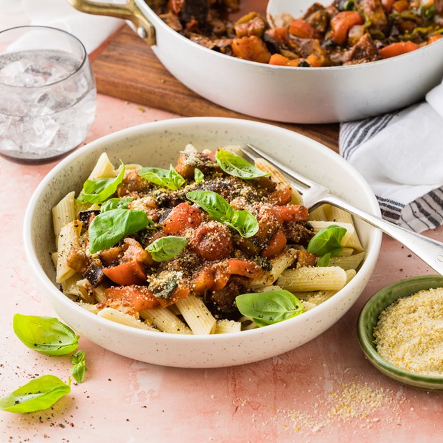 Pasta alla Norma with Fresh Basil & Vegan Parmesan Sprinkle - My Food Bag