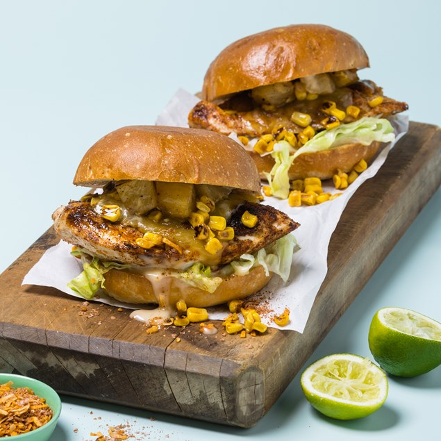 Cheesy Chilli Chicken Burger with Caramelised Pineapple Salsa - My Food Bag