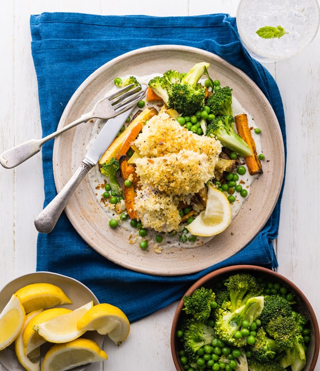 Cheat's Lemony Crumbed Fish with Handcut Chips & Broccoli Smash - My ...
