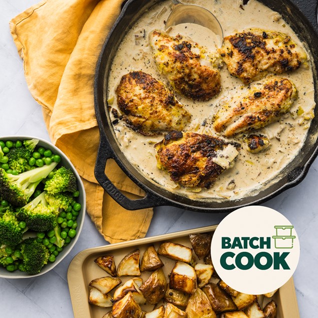 Batch Cook Creamy Chicken & Leeks with Roasties & Seasonal Greens - My ...