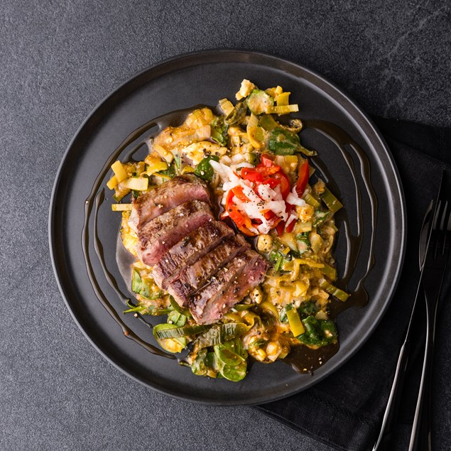 Seared Fennel & Lemon Salt Lamb Loin with Creamy Feta Leeks ...