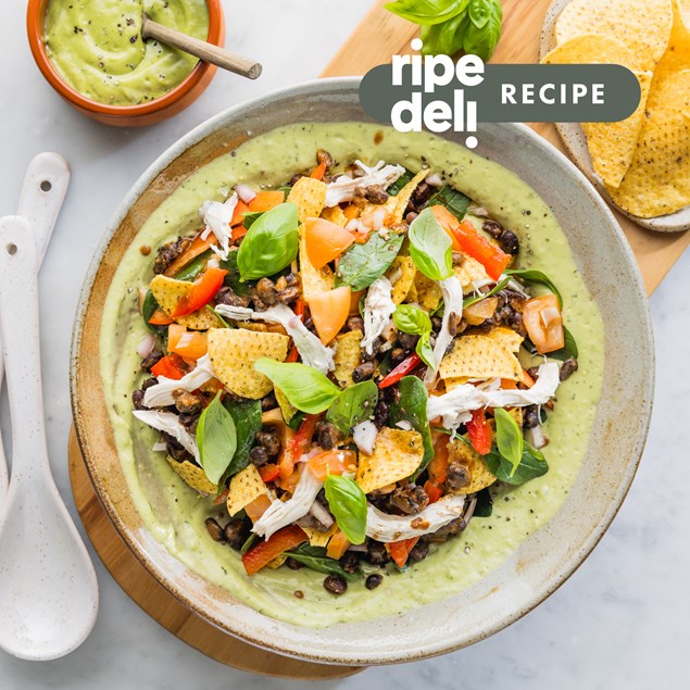 Ripe Deli's Mexi Chicken & Bouncing Bean Salad with Guac & Corn Chips ...