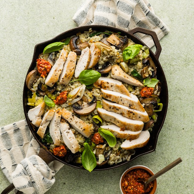 One-Pan Creamy Chicken and Mushroom Risotto with Red Pepper Pesto - My ...