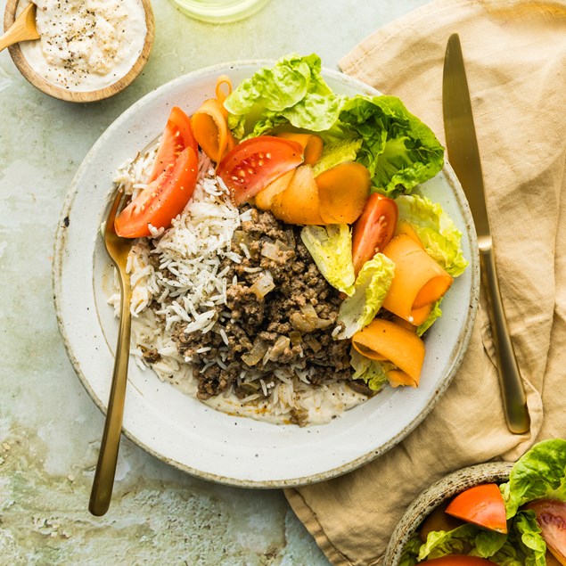 Mediterranean-Style Beef Bowl with Garlic Rice & Creamy Hummus - My ...