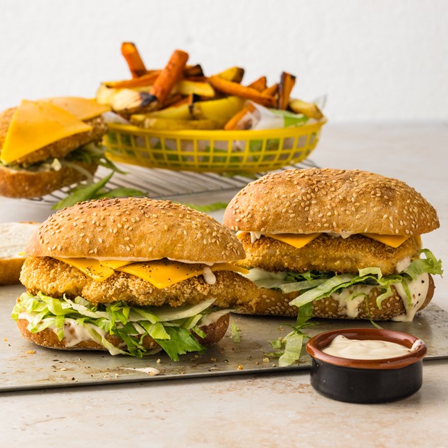 DK Chicken Cheese Burgers with Thick Cut Potato Chips & Aioli - My Food Bag