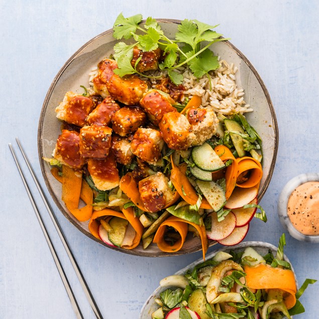 Korean Sticky Tofu & Quick Cucumber Kimchi with Asian BBQ Mayo - My ...