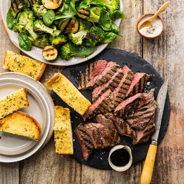 Balsamic BBQ Beef Sirloin Steaks with Charred Veggie Salad & Garlic ...