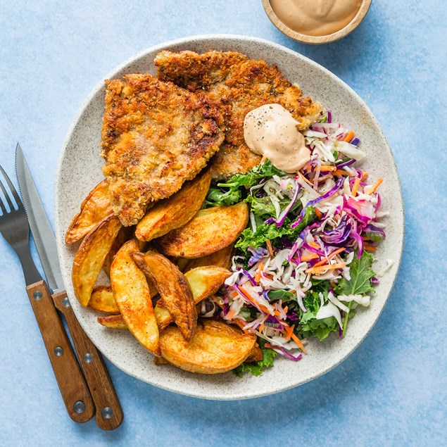 Crispy Crumbed Beef Schnitzel & Wedges with BBQ Mayo - My Food Bag