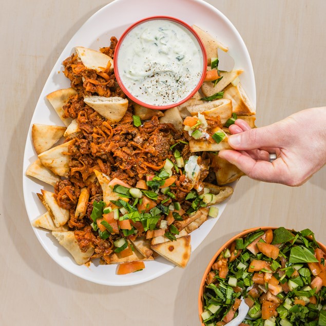 Greek-Style Lamb Loaded Pita Chips with Tzatziki - My Food Bag