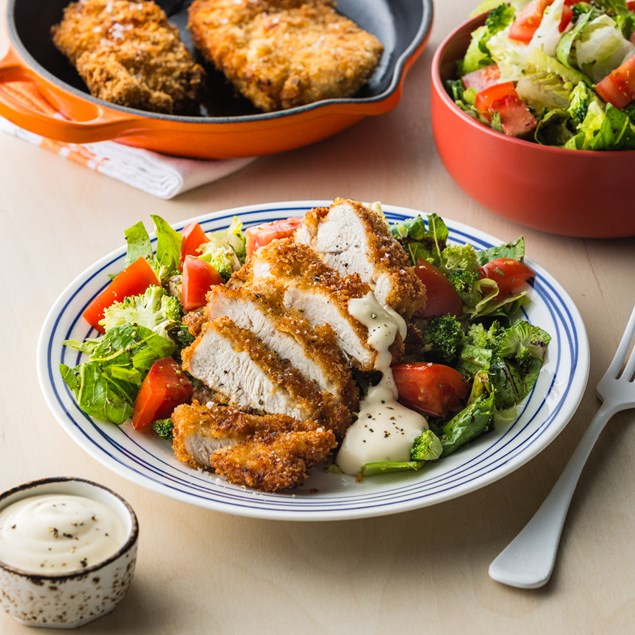 Low Carb Italian-Style Chicken Schnitzel with Tomato Broccoli Salad ...