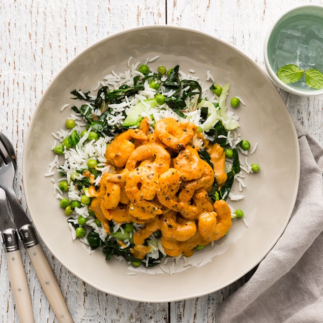 Creamy Indian-Style Prawns with Garlicky Green Rice - My Food Bag