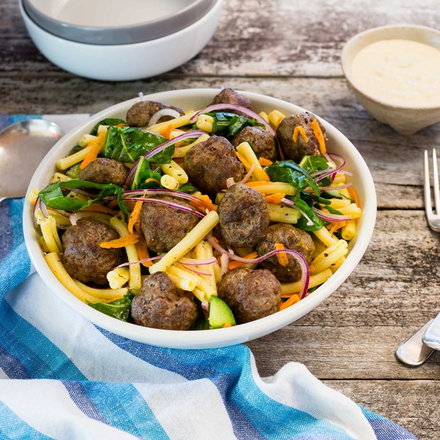 Greek Lamb Meatballs with Fusilli Salad and Hummus Dressing - My Food Bag