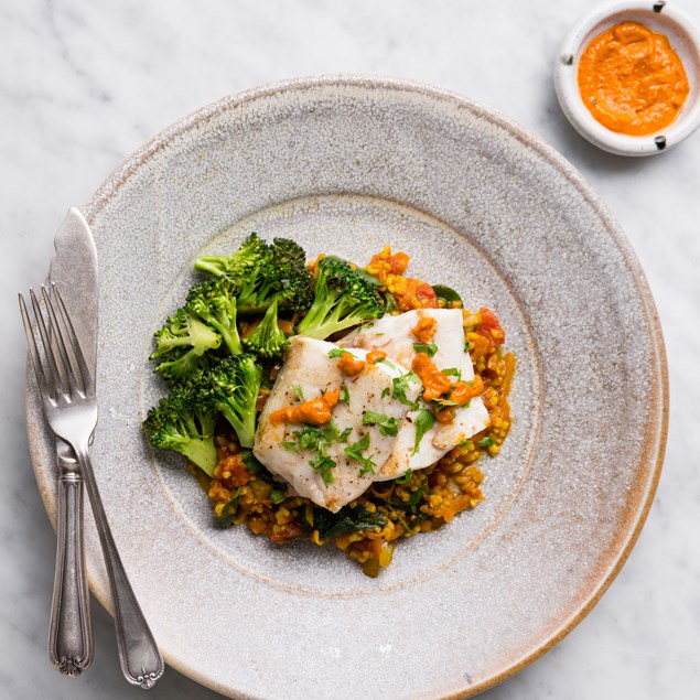 Latin Romesco Fish with Sazon & Tomato Bulgur - My Food Bag