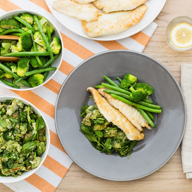 Pan-Fried Fish with Basil Pesto Potatoes and Greens - My Food Bag